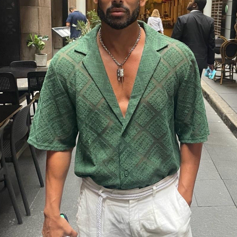 Men's Breathable Open-Weave Shirt | Short Sleeve Lapel Cardigan for Su ...